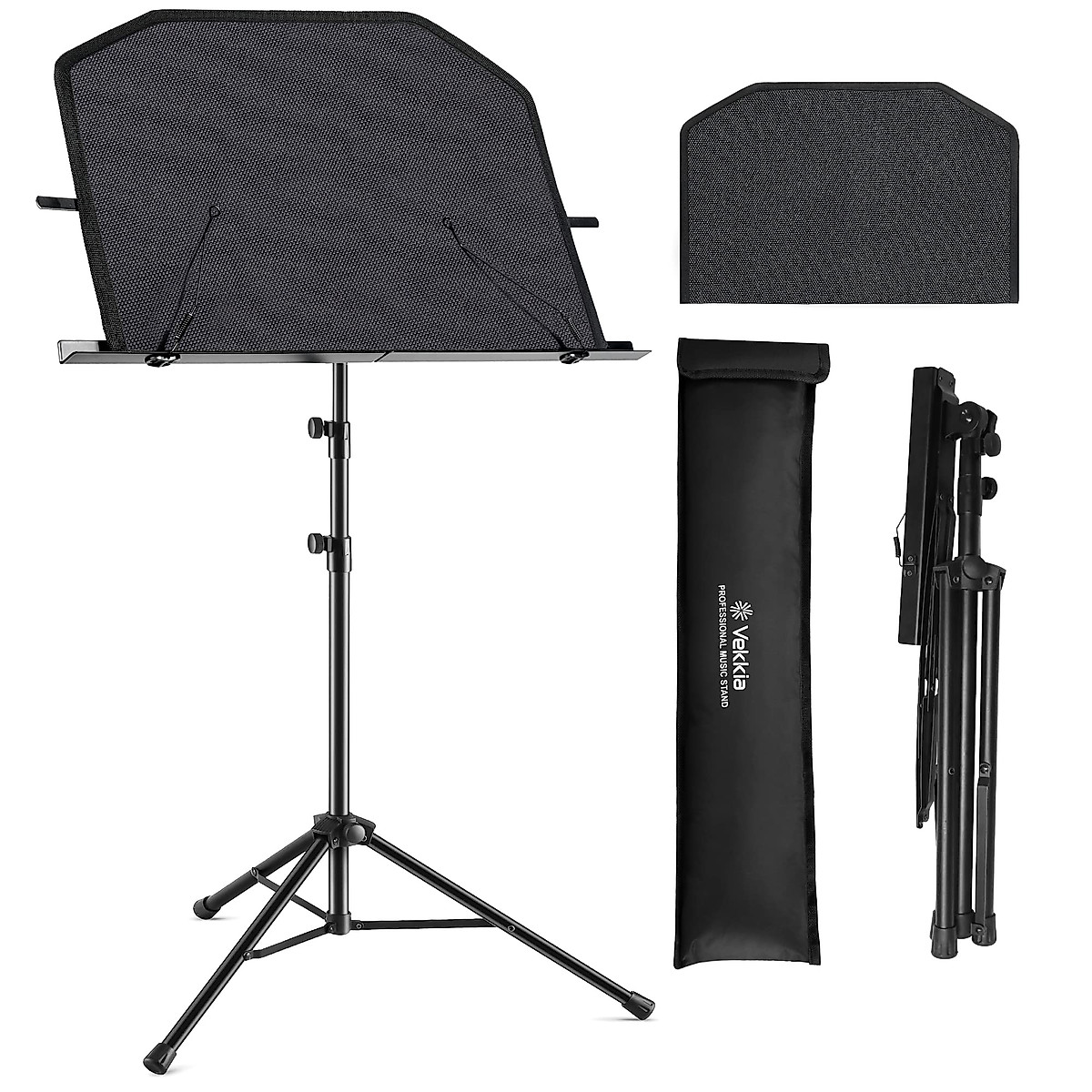 Vekkia Metal Folding Sheet Music Stand - Portable Lightweight music stand for sheet music with carrying bag&deluxe fabric tray sleeve,adjustable music holder,Black