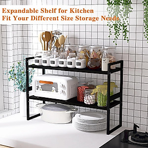 DOLALIKE Expandable kitchen Countertop Organizer, Stackable Cabinet Shelf Organizers, Space Saving Spice Rack Pantry Storage for Bathroom Office Organization (Black, 2 Pack)