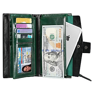 Itslife Women's Wallet Leather RFID Blocking Large Capacity Genuine Clutch Checkbook Wallet Card holder (oilgreen)