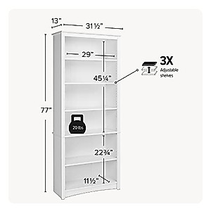 Prepac Sonoma Tall 6-Tier Bookcase 77"H with 3 Adjustable Shelves, White Storage Cabinet, Modern Display Cabinet, Bookshelf with Storage Shelves for Home Office, Living Room, Bedroom Organizer