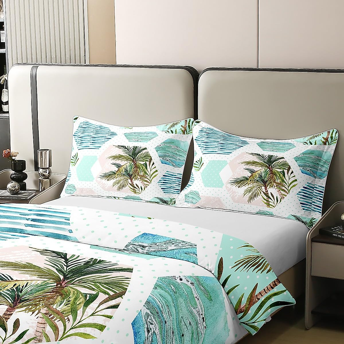 Manfei Tropical Palm Tree 100% Organic Cotton Comforter Cover Geometric Honeycomb Duvet Cover Set Queen Size for Bedroom Summer Beach Ocean Bedding Set with 2 Pillowcases