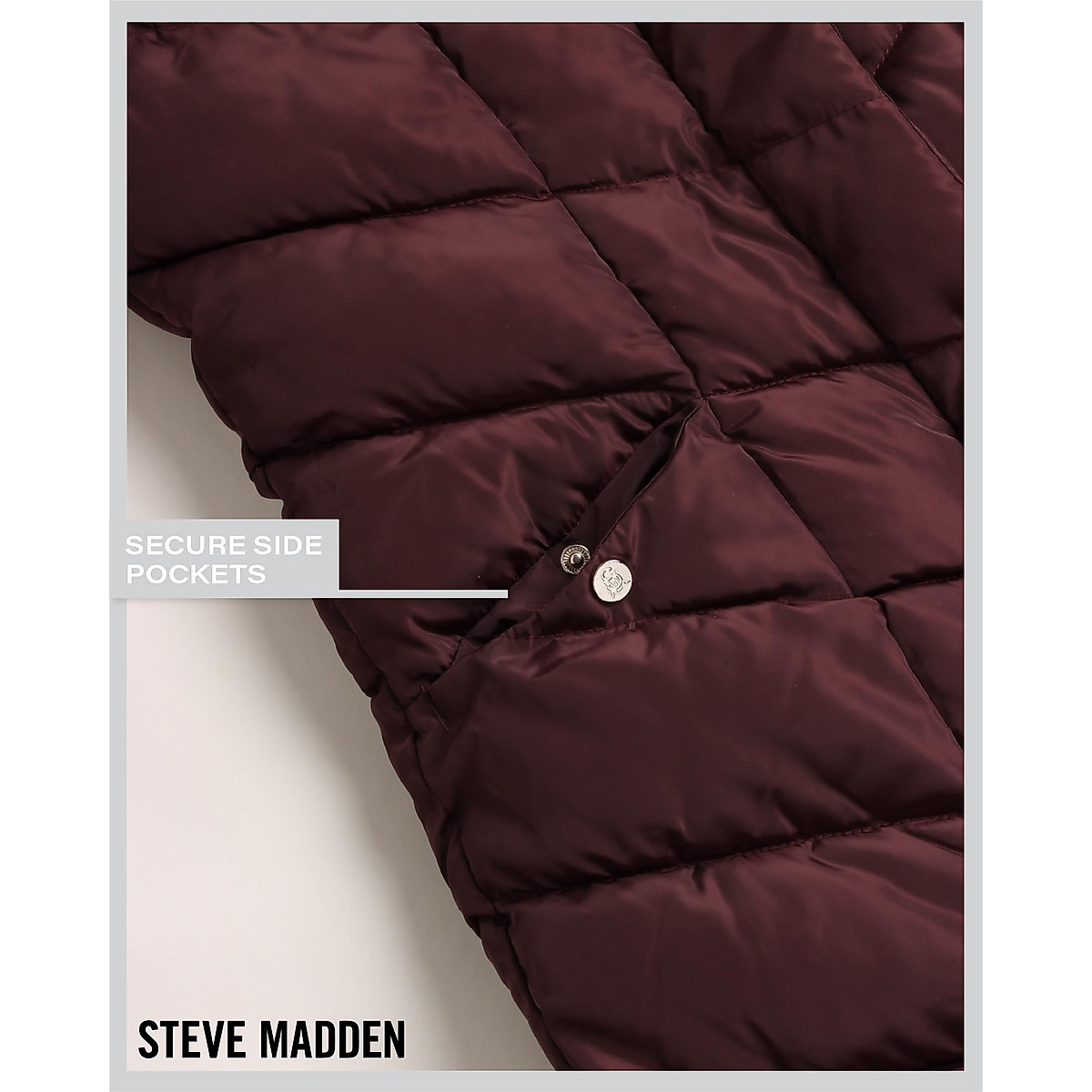 Steve Madden Women's Long Chervron Quilted Outerwear Jacket, Merlot, Medium