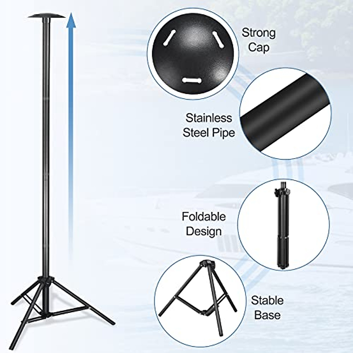 DACK Boat Cover Support Poles Stand System,Pontoon Boat Cover Support with Metal Tripod Base,27-59 inch Boat Cover Poles Adjustable with 3 Straps