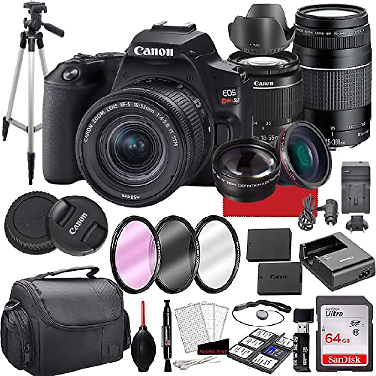 Canon EOS Rebel SL3 DSLR Camera Bundle with Canon EF-S 18-55mm STM and 75-300mm III Lens, 64GB Memory, Case, Tripod and More (28pc Bundle) (Renewed)