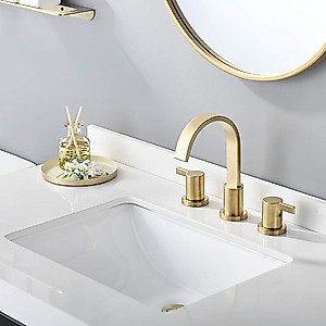 Phiestina 8 Inch 3 Hole 2 Handle Waterfall Widespread Brushed Gold Bathroom Sink Faucet with Metal Pop-Up Drain, WF040-1-BG