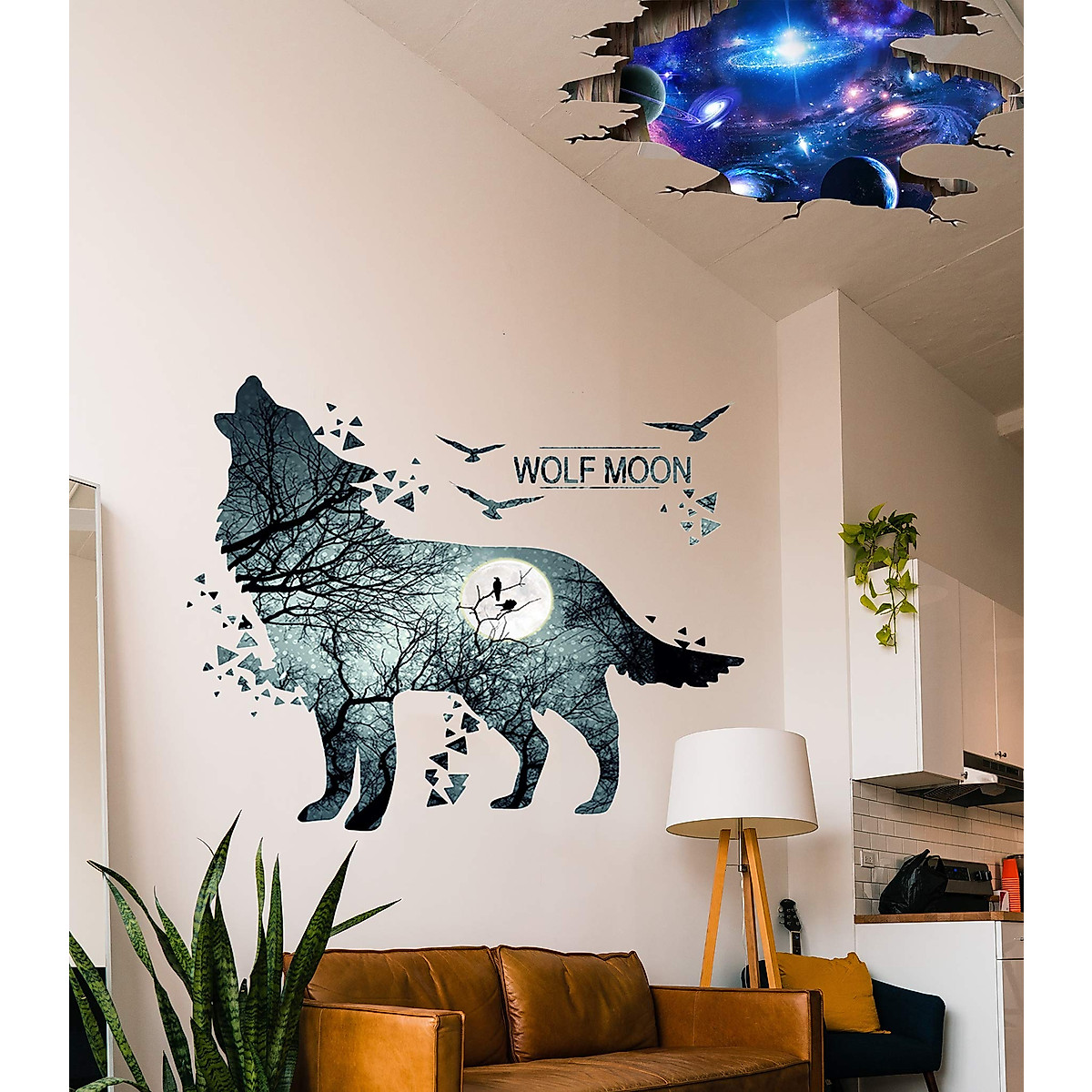 AMODA 3D Galaxy Outer Space Wall Decor,Self-Adhesive Wolf and Moon Sofa Backdrop TV Background Wall Decors,Creative Broken Wall Art Mural for Teen Bedroom Living Room Nursery Playroom
