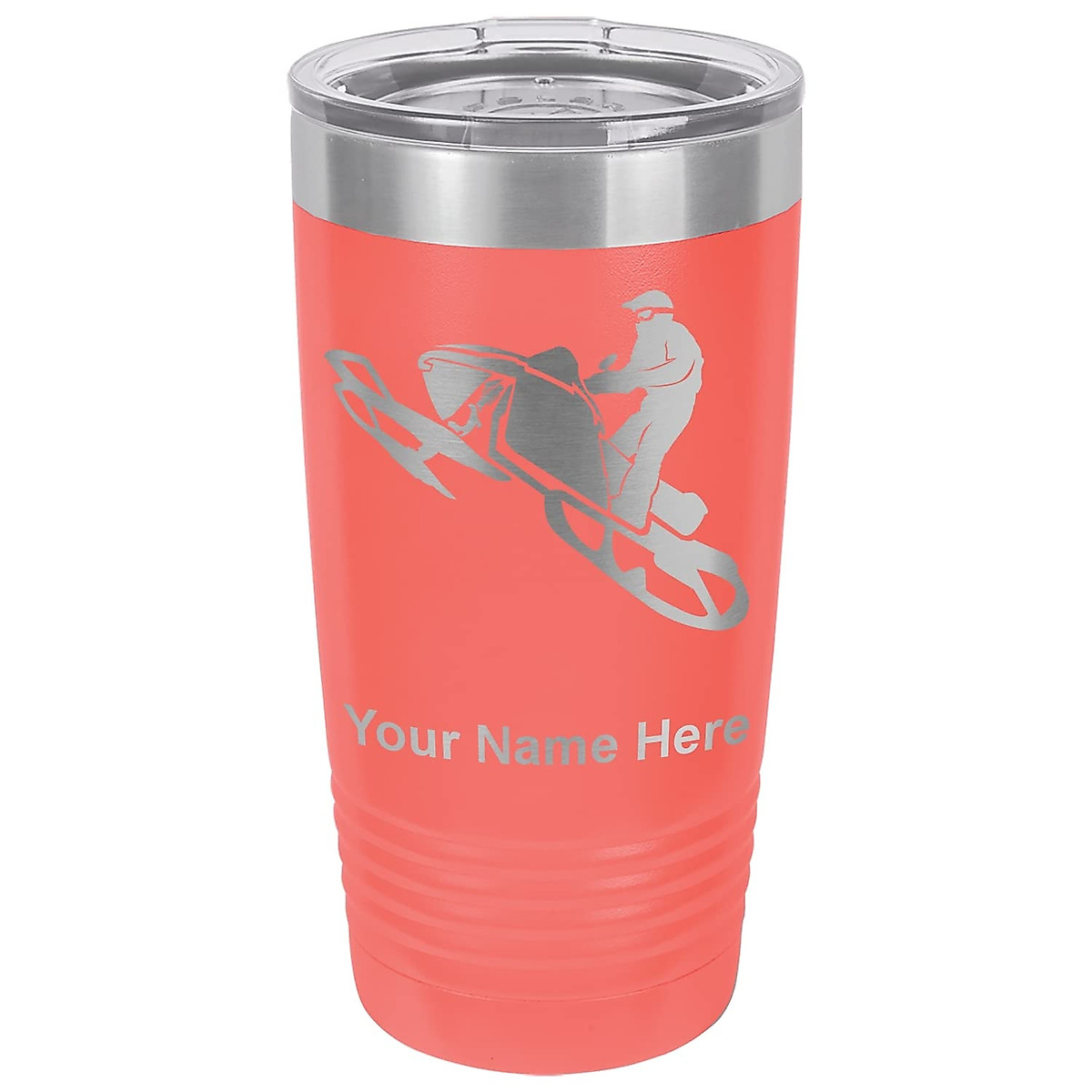 LaserGram 20oz Vacuum Insulated Tumbler Mug, Snowmobile, Personalized Engraving Included (Coral)