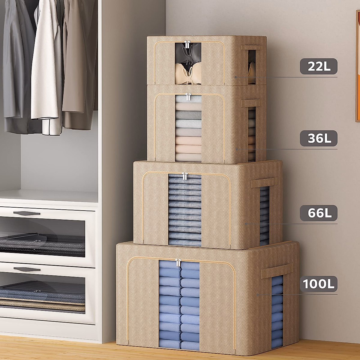 FHSQX Clothes Storage Organizer Bins- Stackable Storage Containers for Closet Foldable Storage Bins for Clothes with Clear Window & Carry Handles (Extra Large-100L(23.6x16.5x15.7inch), Beige)