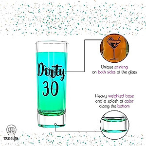 Greenline Goods Shot Glass – 30th Birthday - Dirty 30 Toasting Glass Funny Present to Celebrate Thirty (1 Glass) – Funny Colored Shot Glass For Men and Women