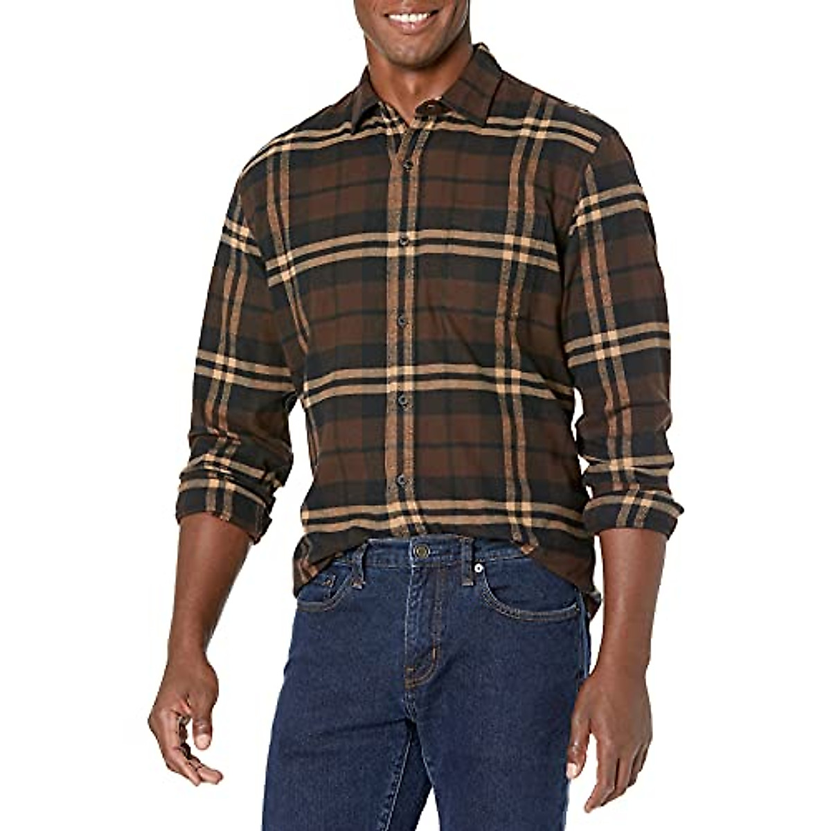 Amazon Essentials Men's Long-Sleeve Flannel Shirt (Available in Big & Tall), Dark Brown Plaid, Large