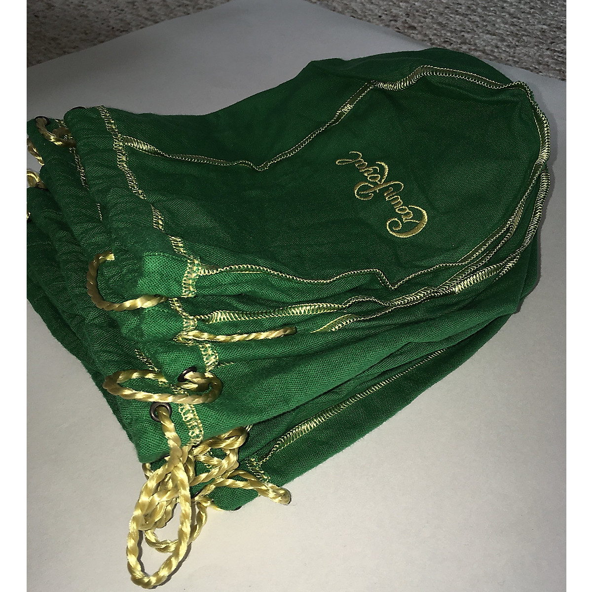 Pack of 10 Green Crown Royal Bags w/Gold Drawstrings from 1 Liter Bottles (9 inch x 5.5 inch) for Gift Bags, Carrying Card Games or Dice Bulk Fabric for quilting sewing or crafts (10)