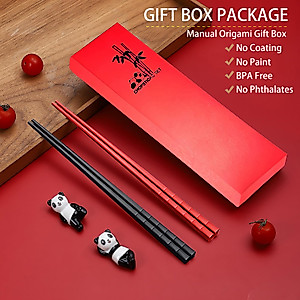 Chopsticks Reusable Panda Gifts With Cute Chopstick Rest & Chopsticks Dishwasher Safe Anniversary Gift for Couple (2PC Red-Black)