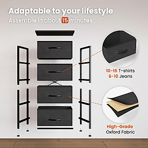 CHIC HOUSE 4-Drawer Dresser, Textile Storage Column, Bedroom, Hallway, Entryway, and Closet Organizing Unit, Durable Metal Structure, Wooden Surface, Simple Grip Handles, Dark Charcoal (White)