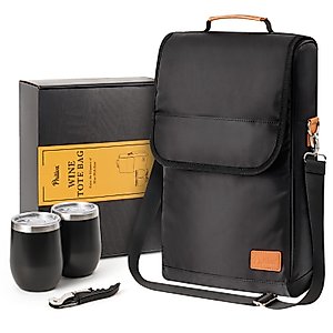 Philiva 3 Bottle Wine Tote Bag with Wine Tumblers and Wine Opener, Wine Gifts for Women, Portable Wine Carrier Purse with Shoulder Strap for Travel/Picnic/Beach/Pool/Events/Hiking, Black