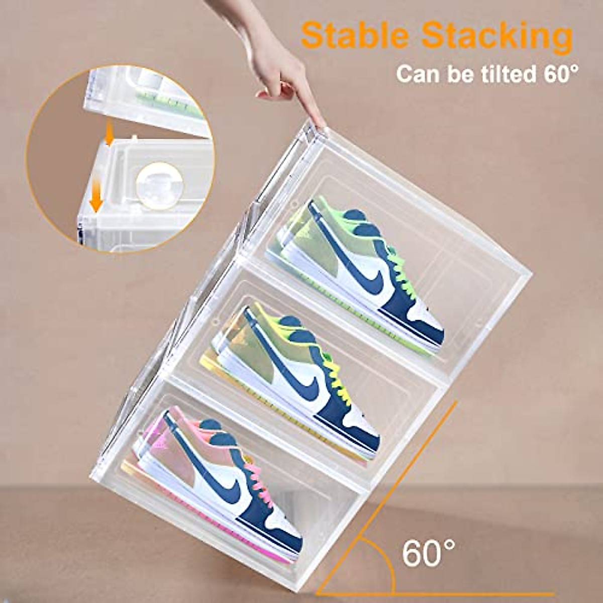 Colmthys Shoe Storage Boxes, Clear Plastic Stackable Shoe Organizer Sneaker Boot Shoe Display Case for Closet Collection Storage with lids 3 Pack White