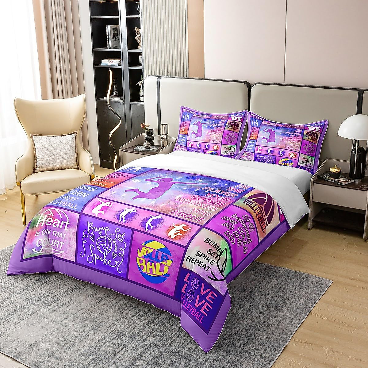 Volleyball Bedding Duvet Cover 100% Cotton Set Twin Size Sports Game Bedding Set for Kids Decor Volleyball Player Comforter Cover Set Purple Bedspread Cover Bedroom Bedclothes