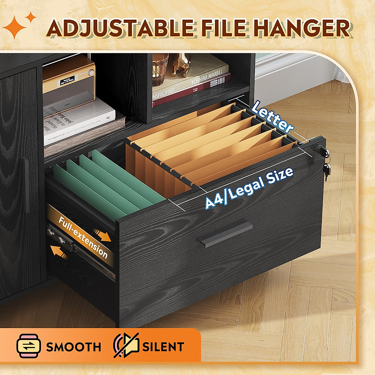 DEVAISE Office File Cabinet with Lock, 1-Drawer Wood Lateral Filing Cabinet on Wheels, Printer Stand with Open Storage Shelves for Home Office, Black