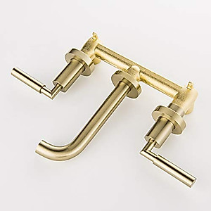 RBROHANT Brushed Gold Wall Mount Bathroom Faucet, Wall Mounted Sink Faucet, Dual Handle, Solid Brass, Rough-in Valve Included