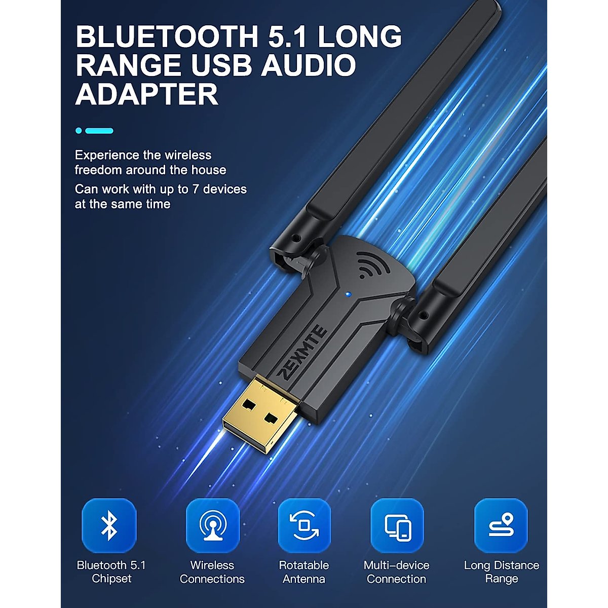 ZEXMTE USB Bluetooth Adapter for PC, Long Range Bluetooth USB Adapter for Windows 11/10, 492FT/150M Bluetooth Dongle 5.1 EDR, Plug & Play for Desktop, Laptop, Printers, Mouse, Speakers…