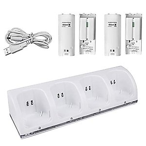 TechKen Charging Station for Wii Controller with 4 Rechargeable Battery Pack, 4 Ports Charger Dock for Wii Controller (Wii Remotes not Included) LED indicats