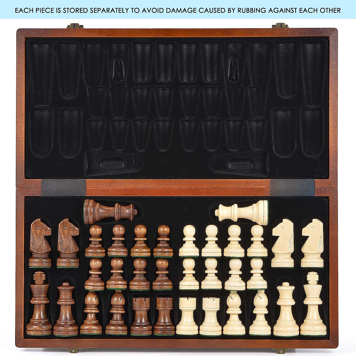 AMEROUS 15'' Wooden Chess Set with Upgraded Weighted Chess Pieces - 2 Extra Queen - Folding Board - Instructions - Gift Package - Chessmen Storage Slots, Classic Chess Board Game for Kids, Adults