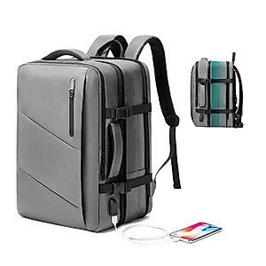 Travel Laptop Backpack, Extra Large 25-40L Expandable Carry On Backpack for Women Men with USB Charging Port, Water Resistant Luggage Computer Backpacks Bag Fits 17.3 Inch Laptop and Notebook,Grey