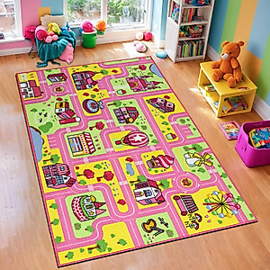 Capslpad Kid Rug for Playroom Pink Play Rug Traffic Road Car Play Mat 5.2x3.3 ft Educational Learning Area Rug Washable Kids Carpet for Children Girls Bedroom,Playroom,Nursery Room Decor