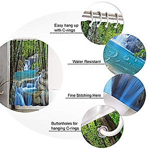 Prime Leader 4 Pcs Shower Curtain Set with 12 Hooks, Mountain Waterfall Tree Landscape Bathroom Decor Sets with Non-Slip Bath Mat Toilet Lid Cover, Durable Waterproof Shower Curtain and Rugs Set