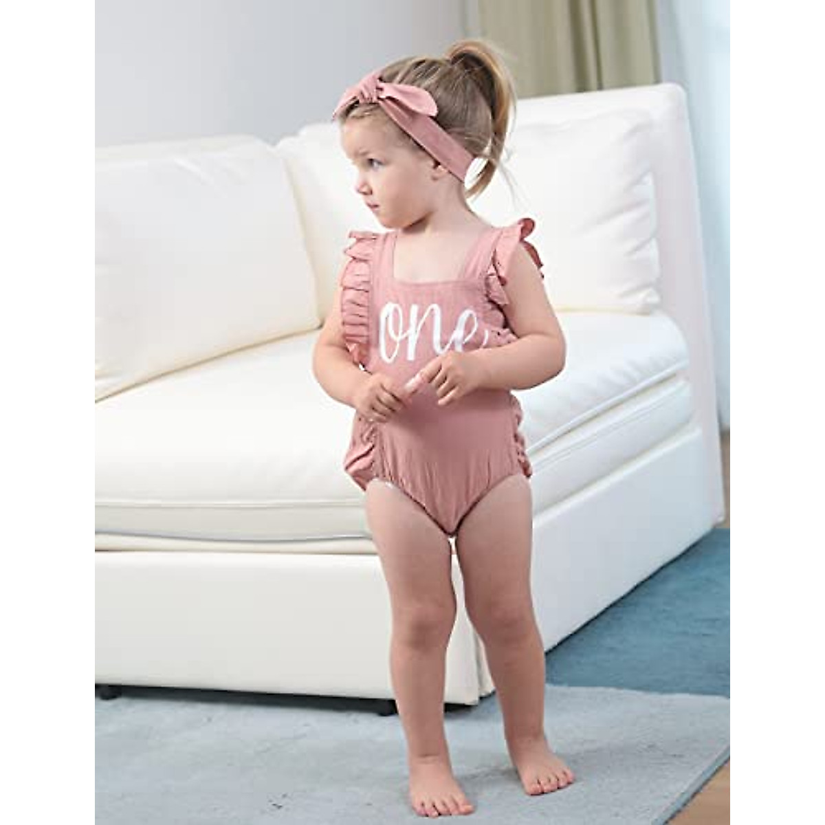 Shalofer Baby Girls One Year Old Outfits First Birthday Romper Cute Backless Ruffles Jumpsuit with Headband (Pink,12-18 Months)