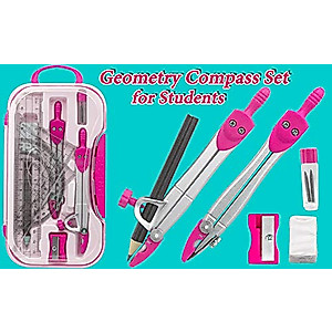 Geometry Set Maths Compasses for Students with Compasses Protractor in Carry Case, Pink