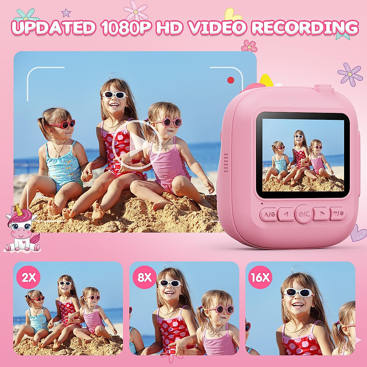 CAMCLID Kids Camera Instant Print, 12MP & 1080P Instant Camera for Kids with 32G Card & Print Paper, Selfie Digital Video Camera for Toddler,Christmas Birthday Gifts for Girls Boy Age 3-12 (Pink)
