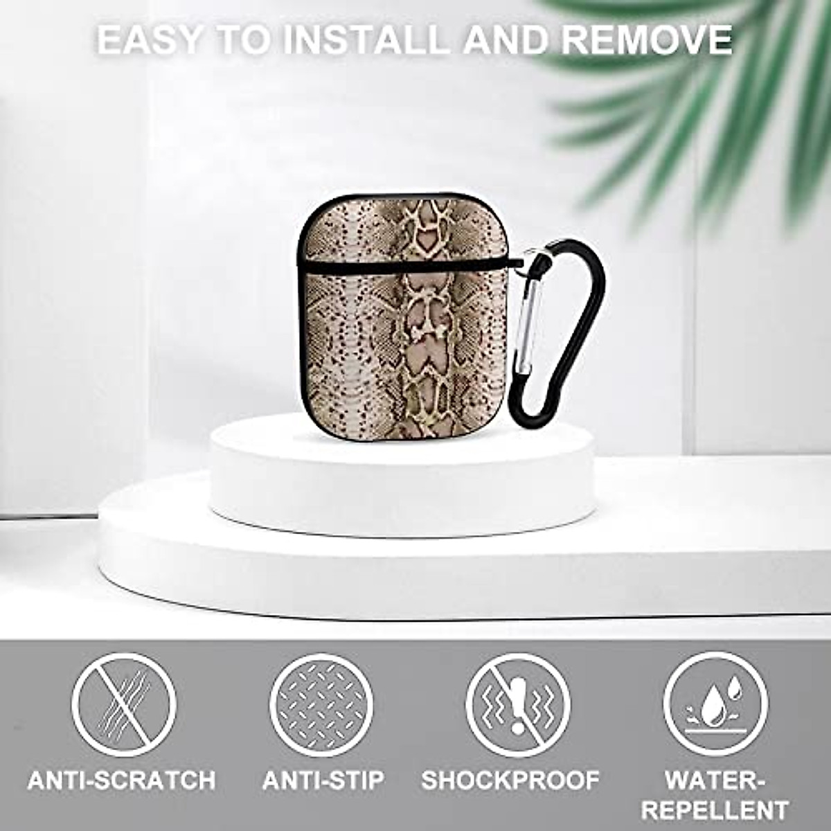 Snake Skin Python Pattern Protective Case Cover Compatible with Airpods 1 & 2 Bluetooth Earbuds Case Funny Print Storage Box with Keychain