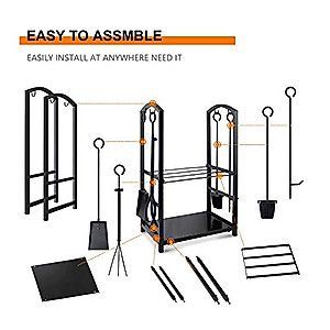 WBHome Firewood Rack with 4 Tools - Iron Fire Log Holder Storage Set Includes Brush, Shovel, Poker, and Tongs, 17 x 29 x 12 inches, for Indoor/Outdoor