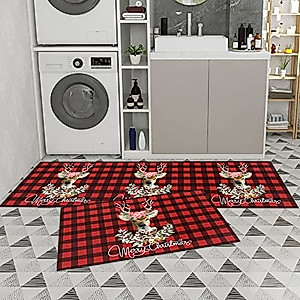 Miaklek Merry Christmas Kitchen Mats for Floor Anti Fatigue Mats for Kitchen Floor Kitchen Rugs Cushioned Mats Non Slip Comfort Standing Kitchen Rugs Set of 2, Xmas Elk Holiday Red Black Check