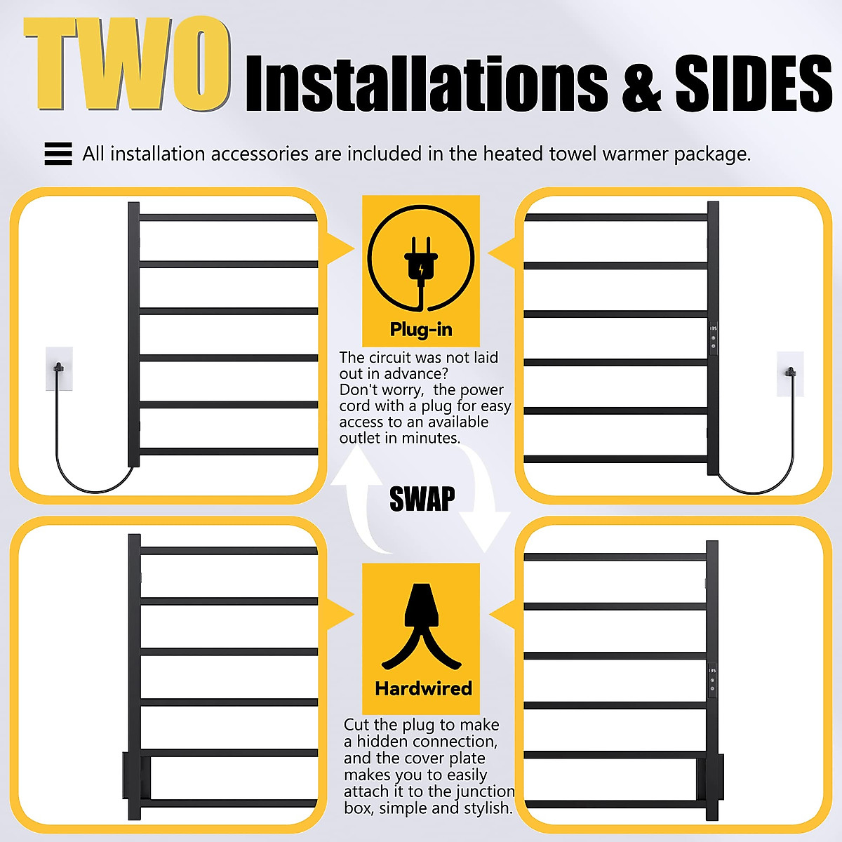 Sharpeye Towel Warmer with 24hr Timer, Matte Black Heated Towel Rack for Bathroom, Plug-in/Hardwired, Wall Mounted Electric Towel Drying Rack, with Temperature Control