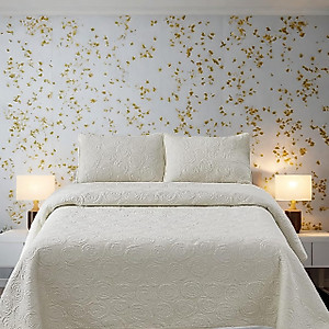 Brandream Cream White Quilt Set King Size Cotton Romantic Cream White Rose Matelasse Bedding Lightweight Quilted Comforter Set 3-Piece