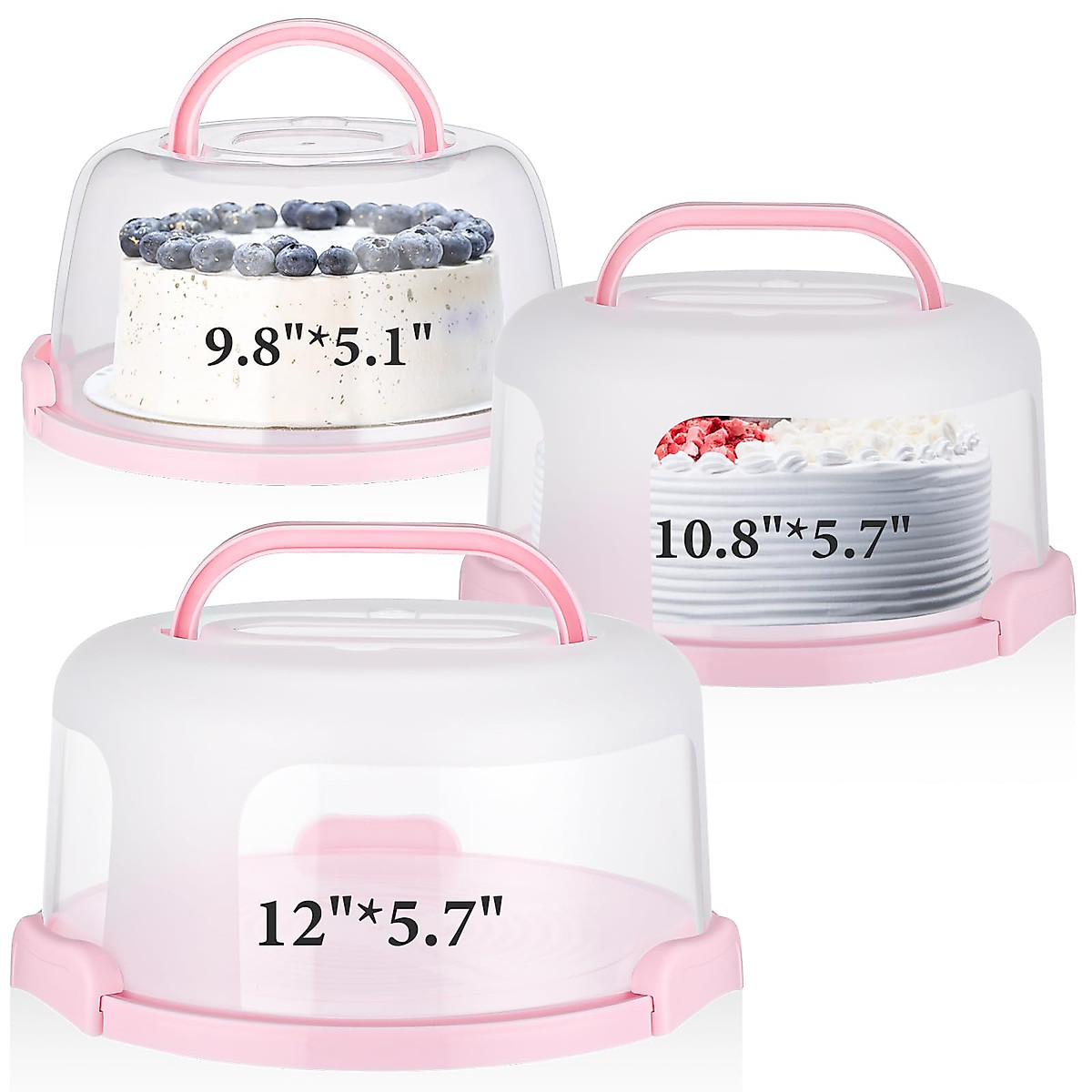 Baderke 3 Pcs Cake Carrier with Lid 9.8 Inch 10.8 Inch 12 Inch Cake Stand with Lid and Handle Portable Round Cake Carrier Plastic Cake Container Cake Holder Pink Cake Keeper for Transporting Cupcakes