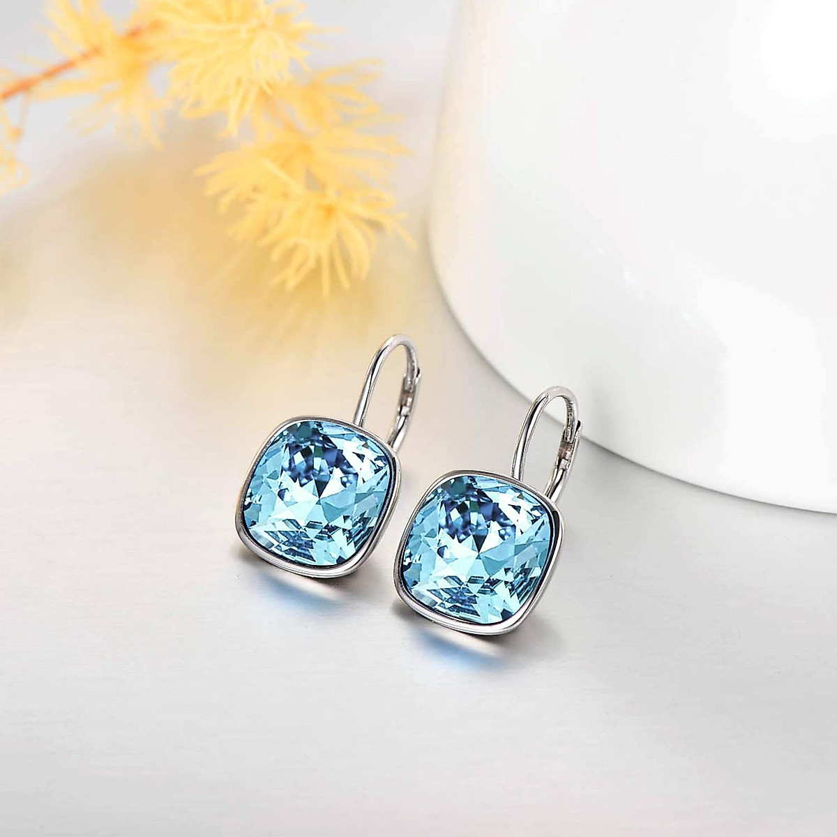 AOBOCO Sterling Silver Leverback Earrings with Simulated March Birthstone Crystals from Austria, Hypoallergenic Simulated Aquamarine Earrings, Fine Birthday Jewelry Gifts for Women Grandma Wife Mom