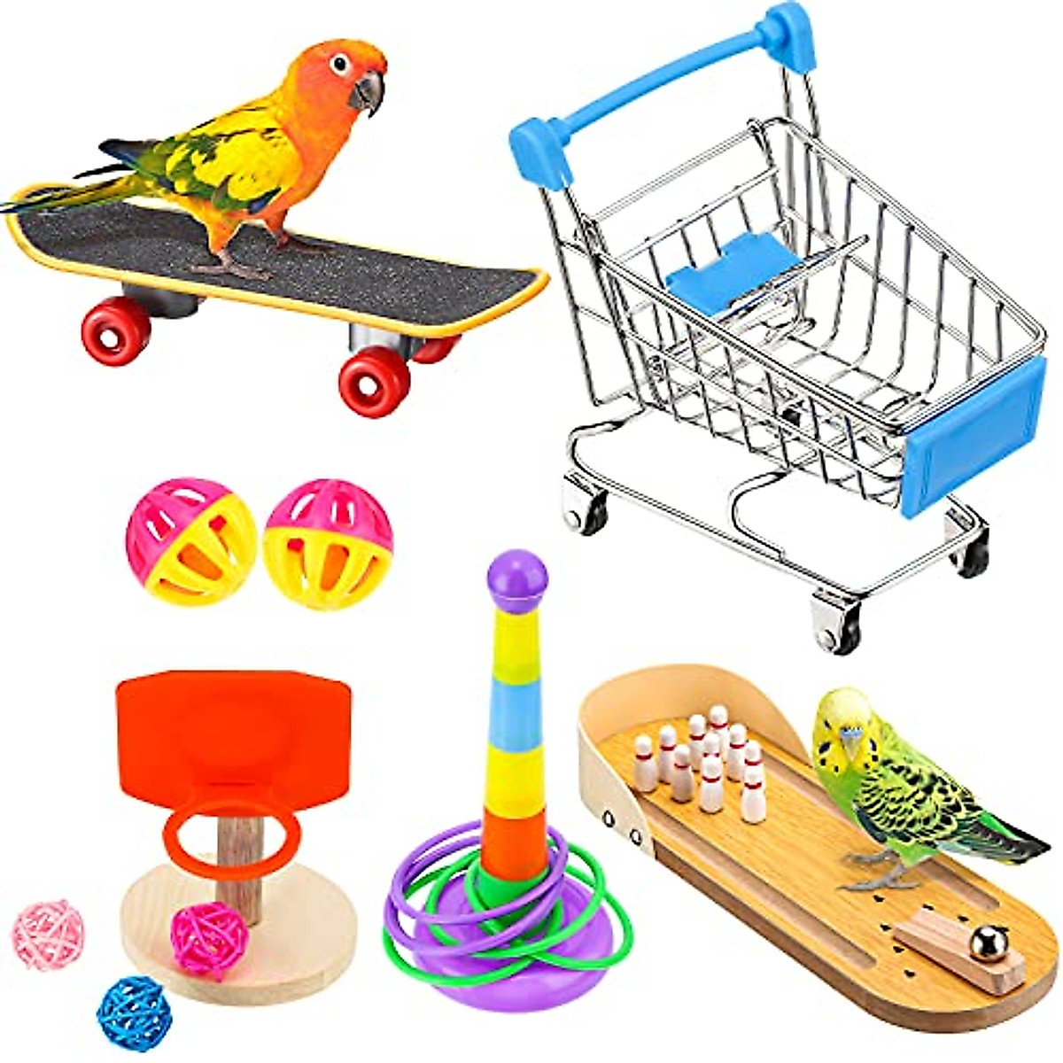 10 Pieces Bird Training Toys Parrot Training Toys Include Bowling Toy Basketball Toy Rings Shopping Cart Skateboard Bell Ball Parrot Intelligence Toys for Parakeet Cockatiel Macaw Parrot, Random Color