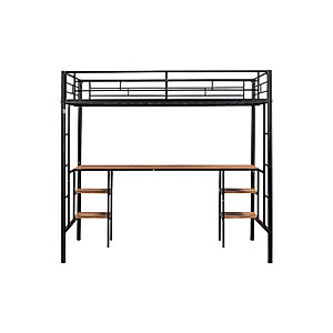 Metal Twin Loft Desk & Shelves/Metal Twin Loft Bed with Desk and Storage Shelves, Space-Saving Bed Frame with 2 Side Ladders and Safety Guard Rails for Kids Teens Adults,No Box Spring Needed