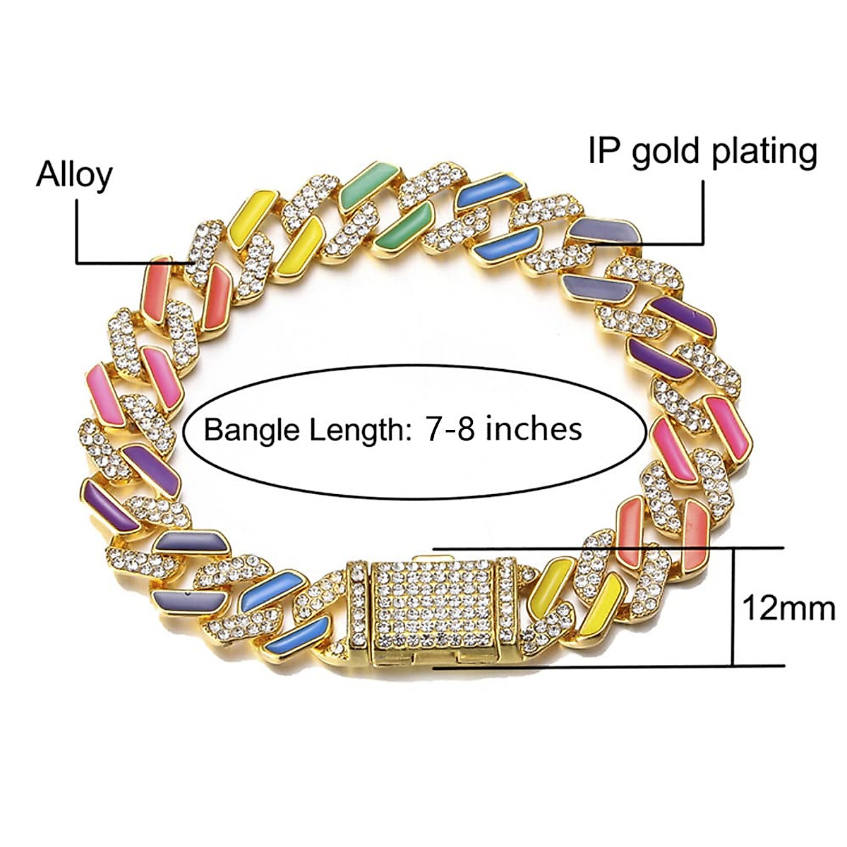 Apzzic 12mm Colorful Full Iced Out Paved Rhinestones Miami Cuban Prong Chain CZ Bling Hip Hop Rapper Bracelet for Men Women Gold 8inch