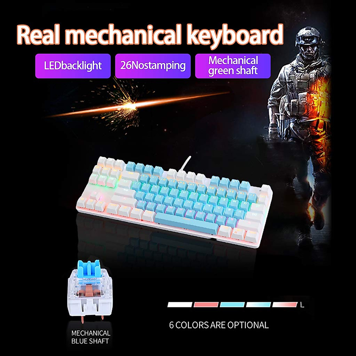 BLUEXIAO K100 Mechanical Gaming Keyboard, USB Wired Green Axis Ergonomic Mechanical Feeling Keyboard with Blue Switches for Desktop, Computer, PC (87 Keys,BlueWhite)