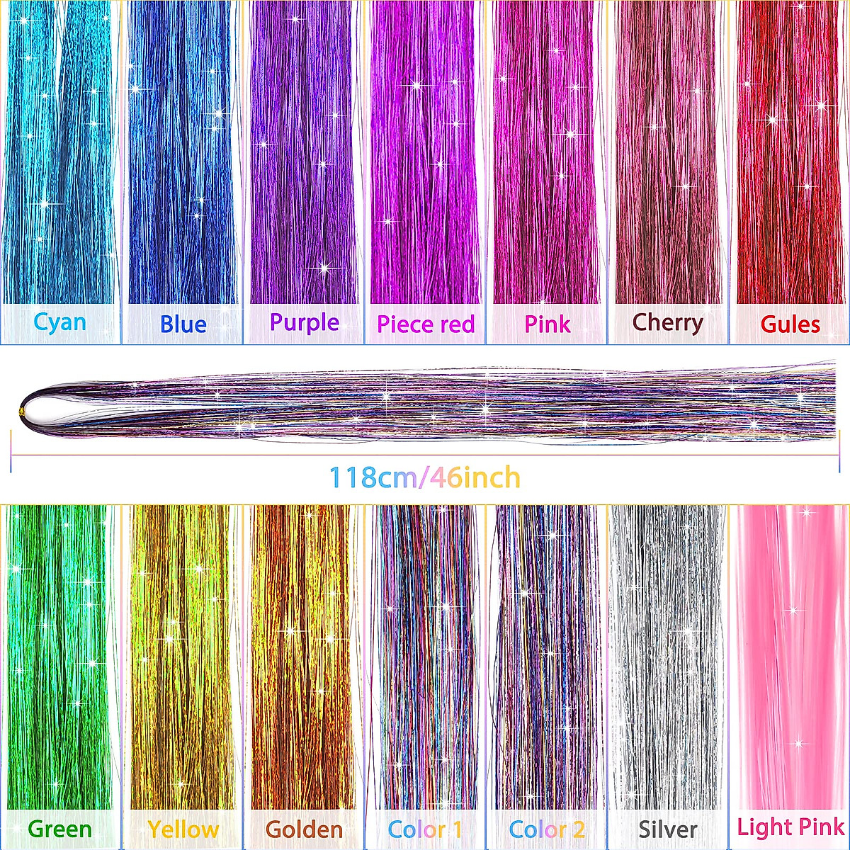Mckanti 14 Colors Hair Tinsel Kit with Tool, 47 inch 2800 Strands Extensions for Women Girls, Fairy Glitter Sparkling Shiny Colorful Synthetic Party Daily Life Fashion