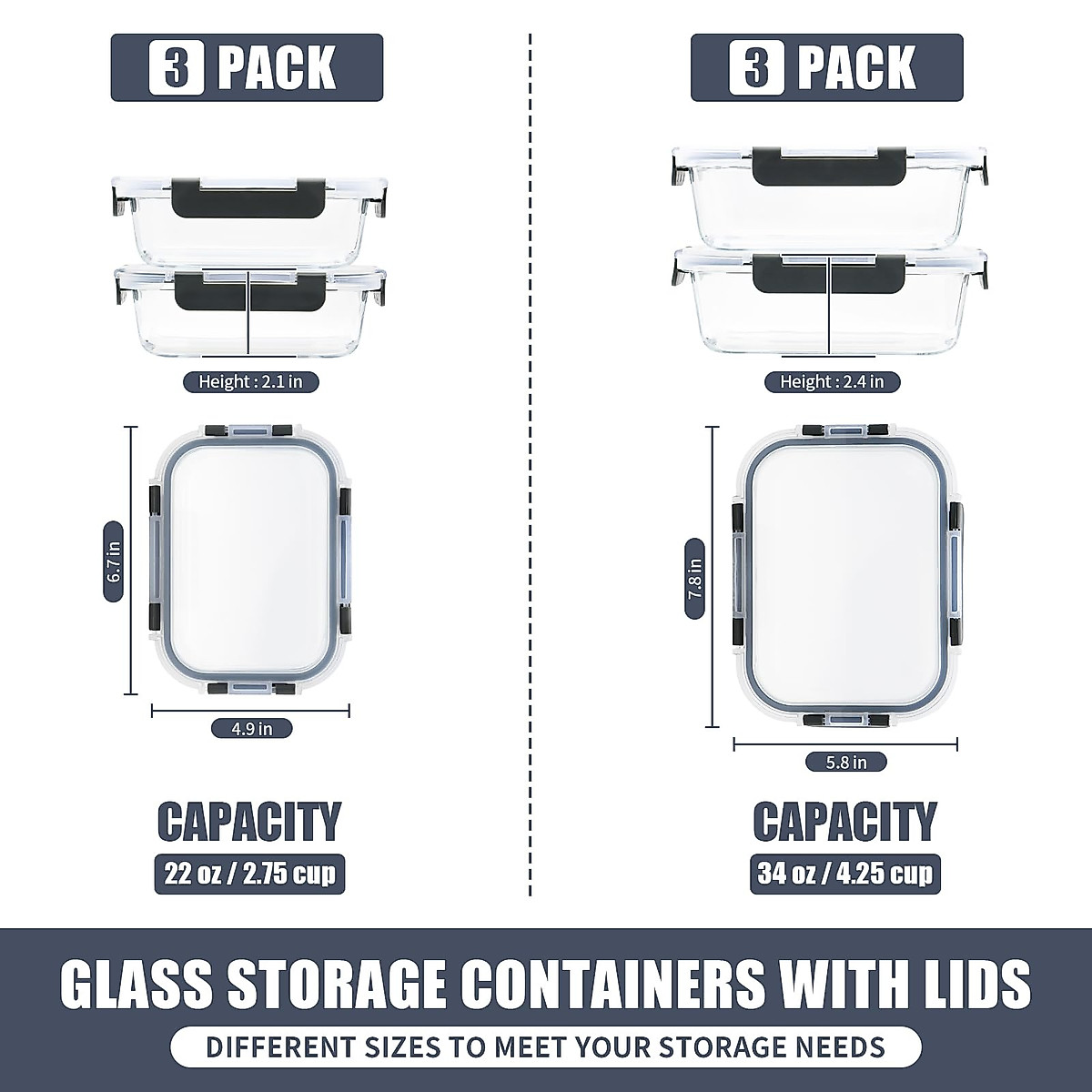 DONQQCC 6 Pack Glass Food Storage Containers, Ideal for Lunch, Meal Prep, Leftovers, Airtight Bento Boxes with Leak Proof Locking Lids, Freezer to Microwave Safe