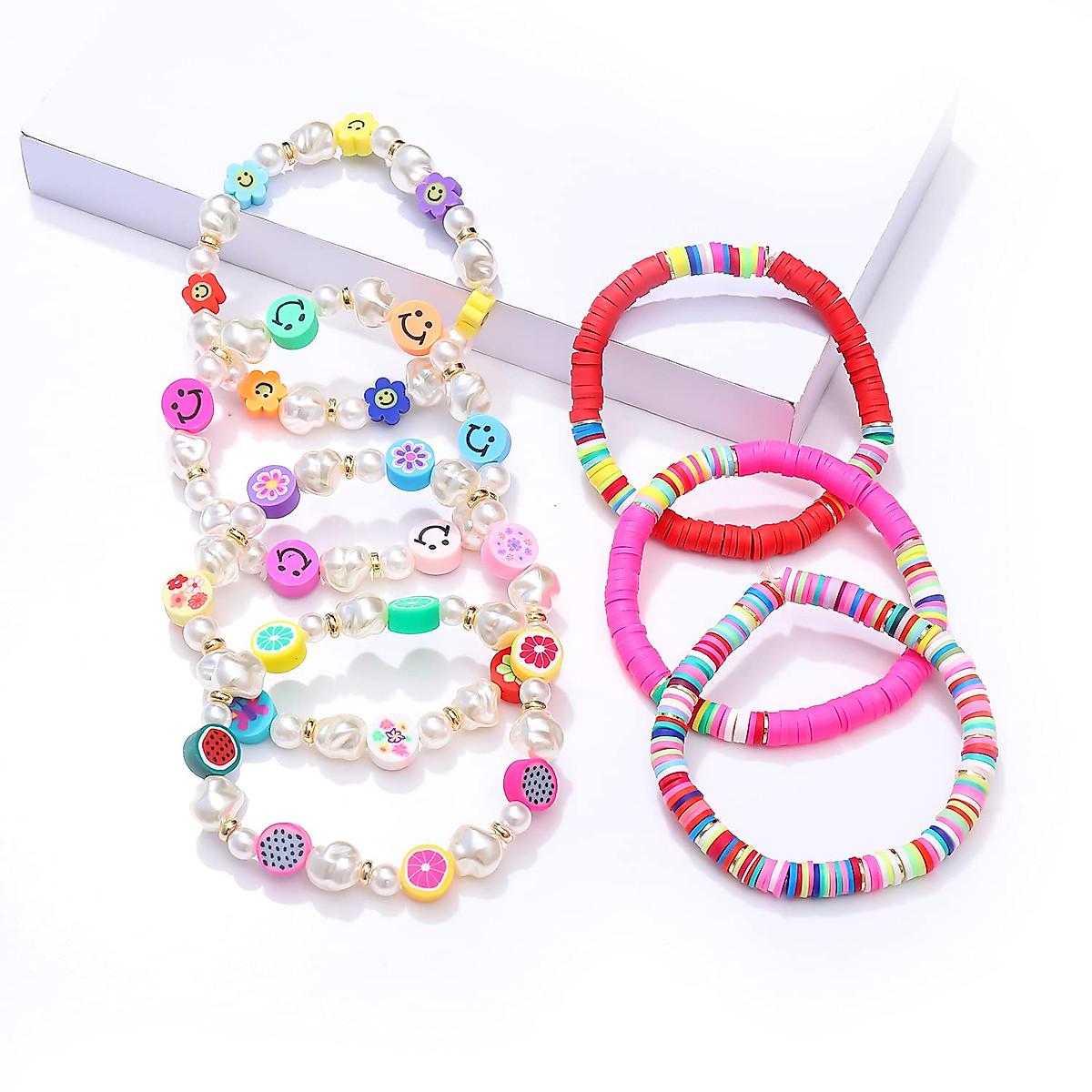 XOCARTIGE Beaded Stretch Bracelets for Women Colorful Clay Fruit Happy Face Bead Bracelet Rainbow Heishi Bracelet Set Stackable Pearl Y2K Bracelets Summer Beach Accessory (7PCS Happy Face Bracelet)
