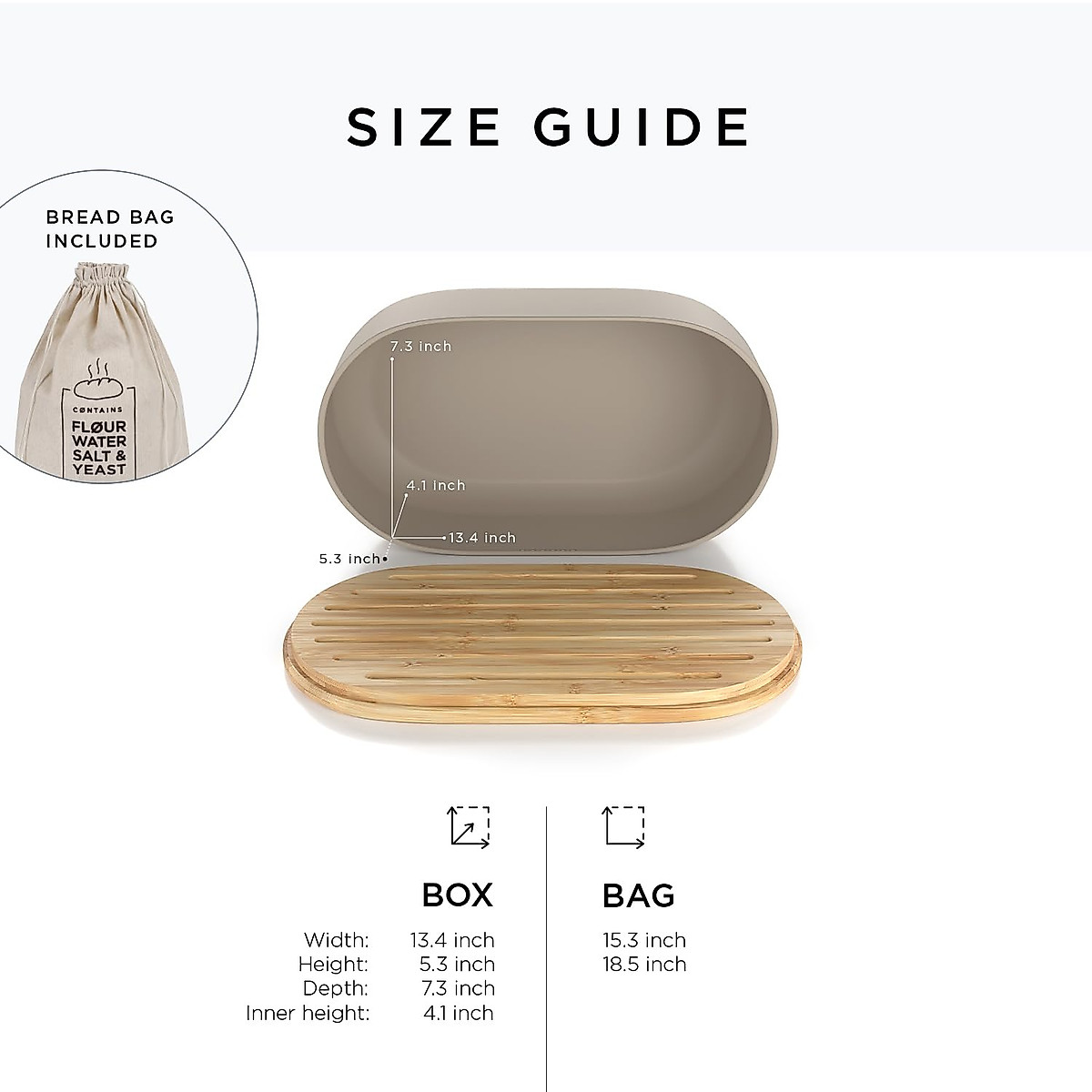 LARS NYSØM Bread Box I Metal bread box with linen bread bag for long lasting freshness I Bread box with bamboo lid usable as cutting board I 14.2x7.5x5.1 In (Greige)