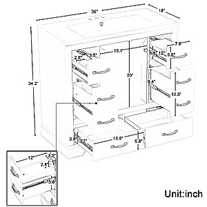Merax 36" Bathroom Vanities Sink Set, Ceramic Undermount Top, Freestanding Cabinet with Door and Multi-Functional Drawers, Storage Divider, White