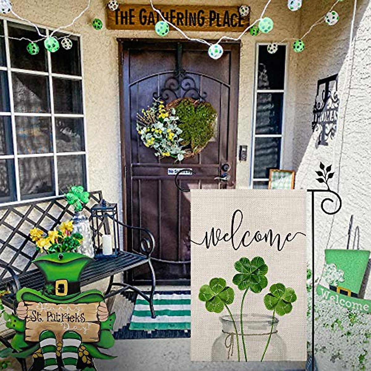 CROWNED BEAUTY St Patricks Day Garden Flag 12x18 Inch Double Sided for Outside Small Burlap Green Shamrocks Clovers Welcome Yard Holiday Flag