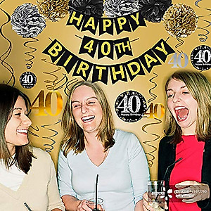 Famoby Gold Glittery Happy 40th Birthday Banner,Poms,Sparkling 40 Hanging Swirls Kit for 40th Birthday Party 40th Anniversary Decorations