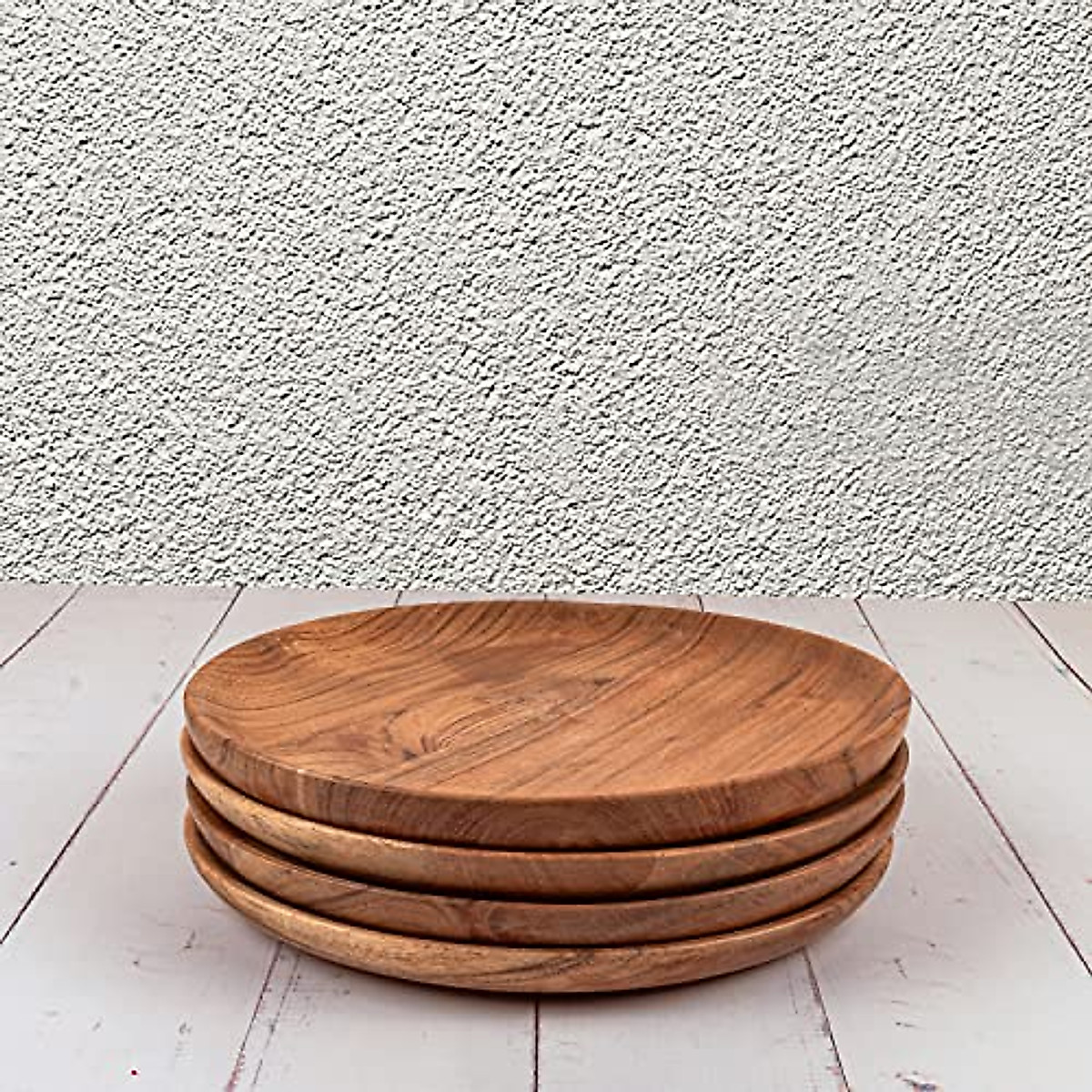 Samhita Acacia Wood Round Wood Plates Set of 4, Easy Cleaning & Lightweight for Dishes Snack, Dessert.(7" x 7" x 1")